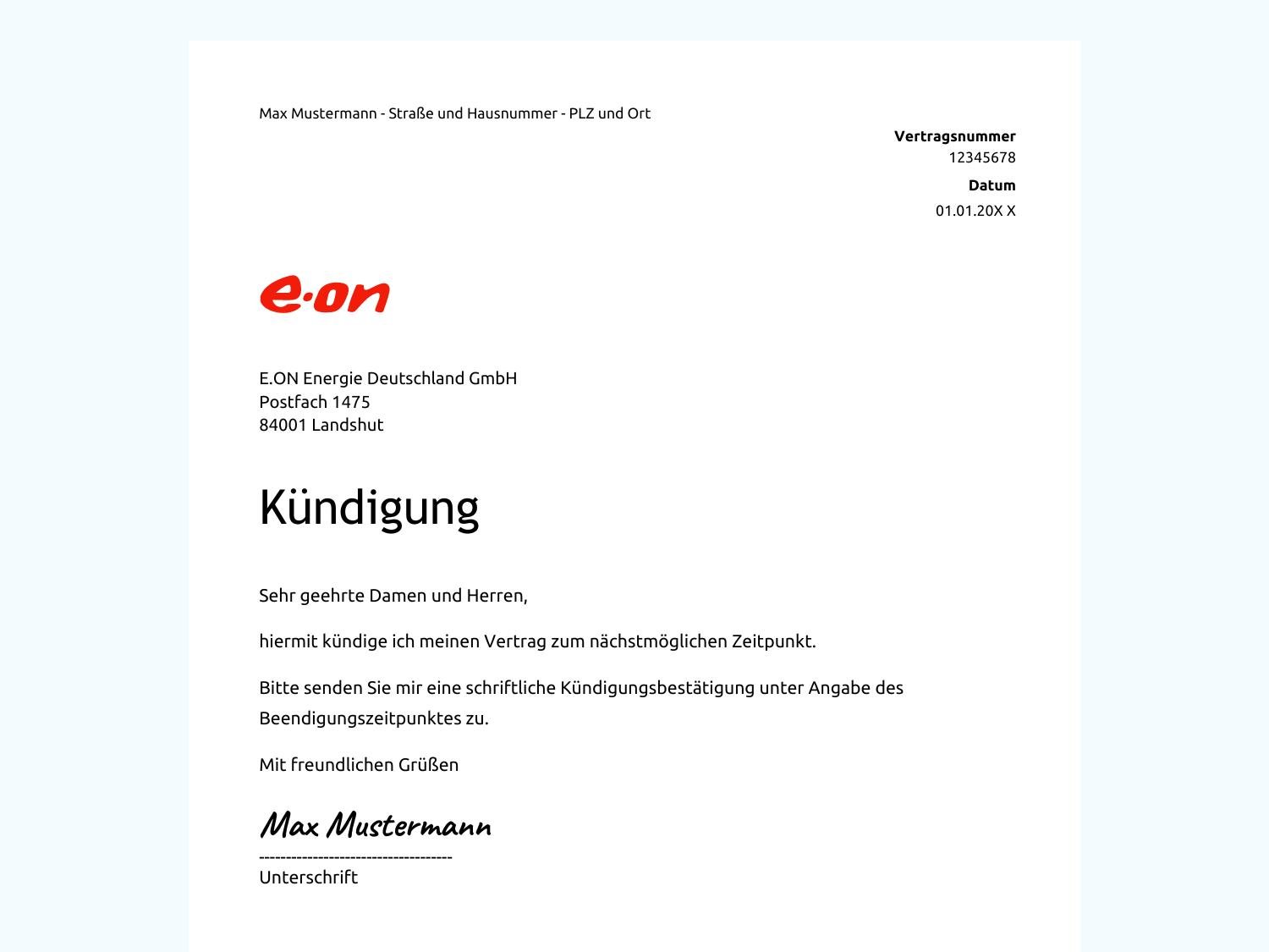 Eon Kãƒâ¼ndigen Vorlage